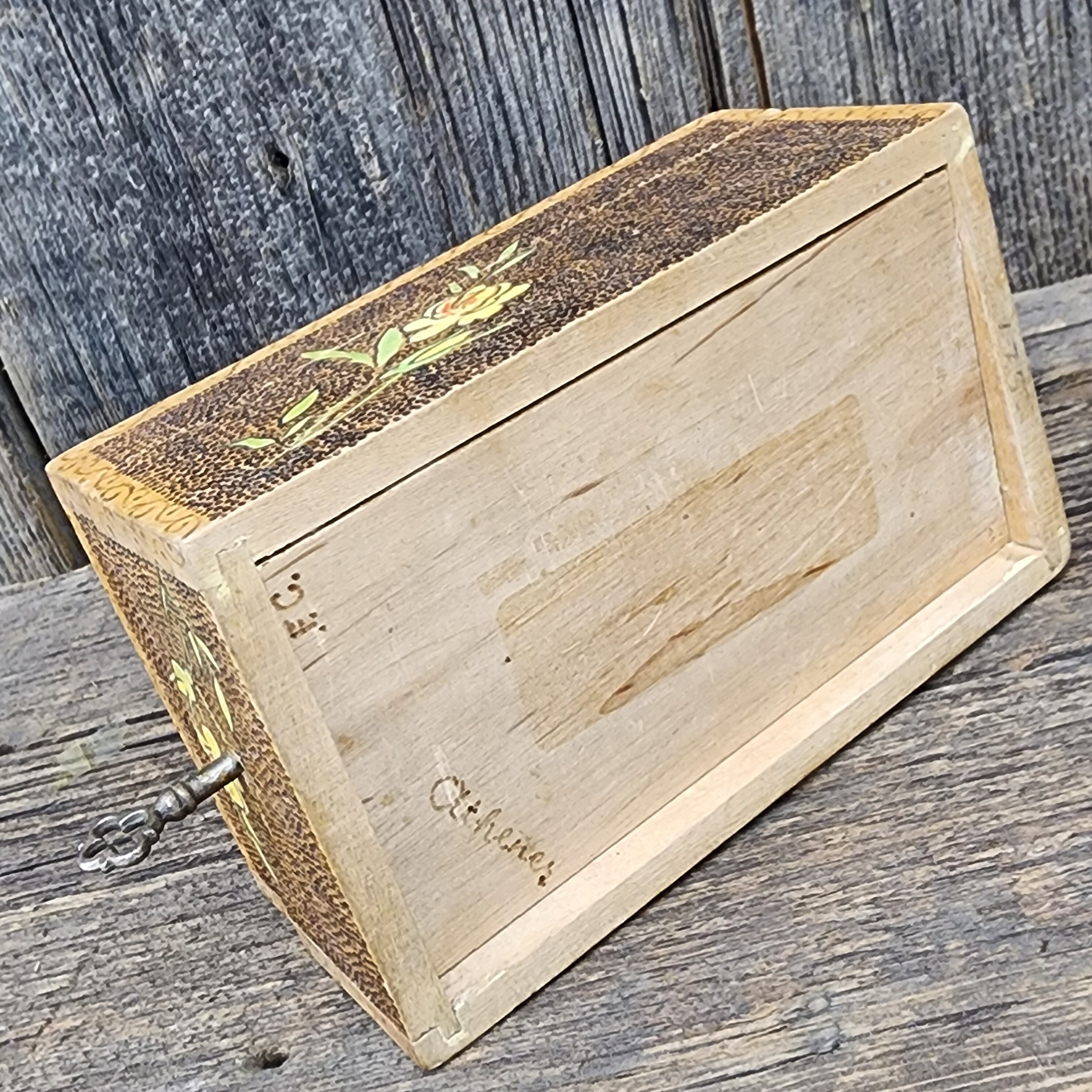 Antique Flemish Art Pyrography Jewelry Trinket Box W/ Lock & Key Girl ...