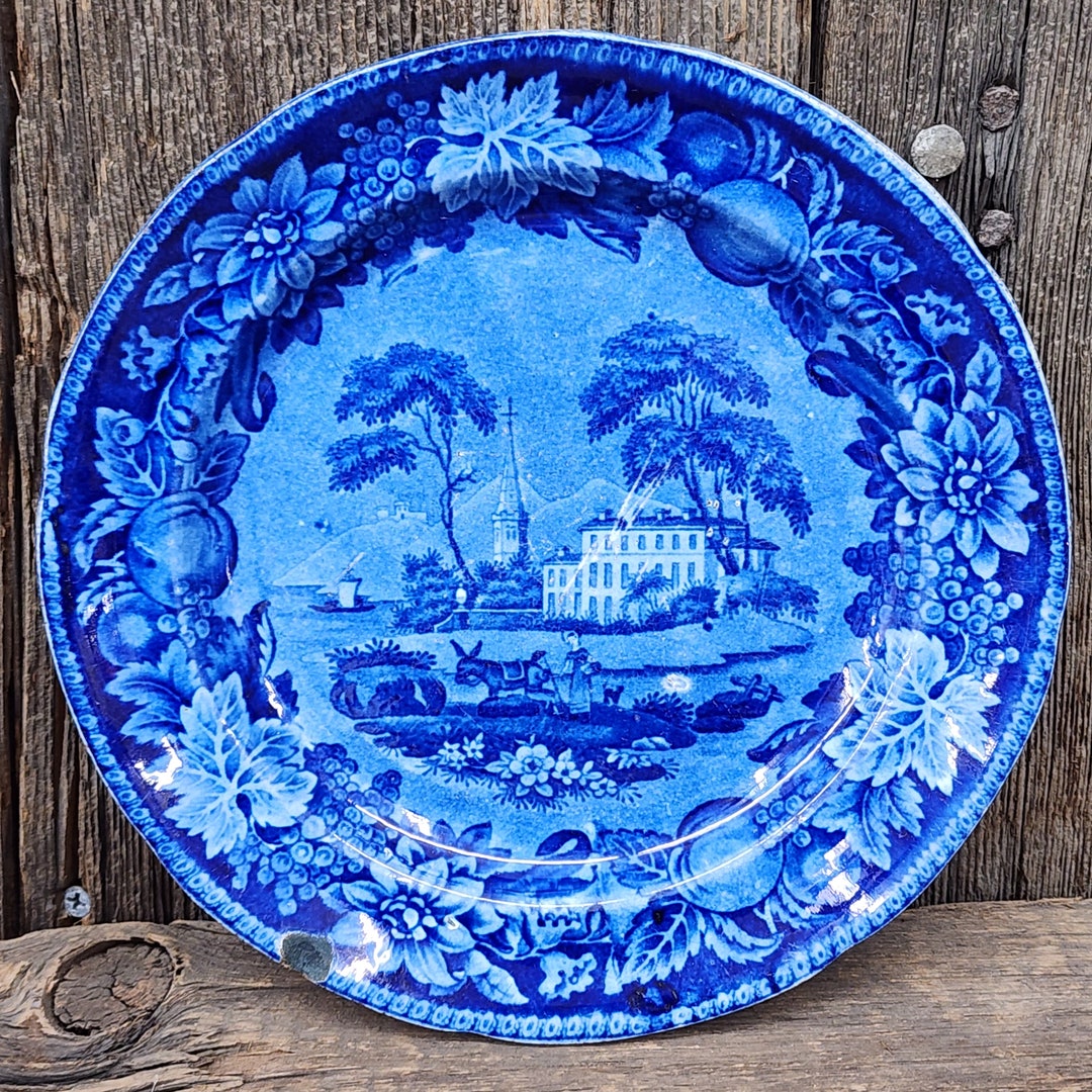 Antique American Villa Scene Flow Blue Transfer Print Dinner Plate ...