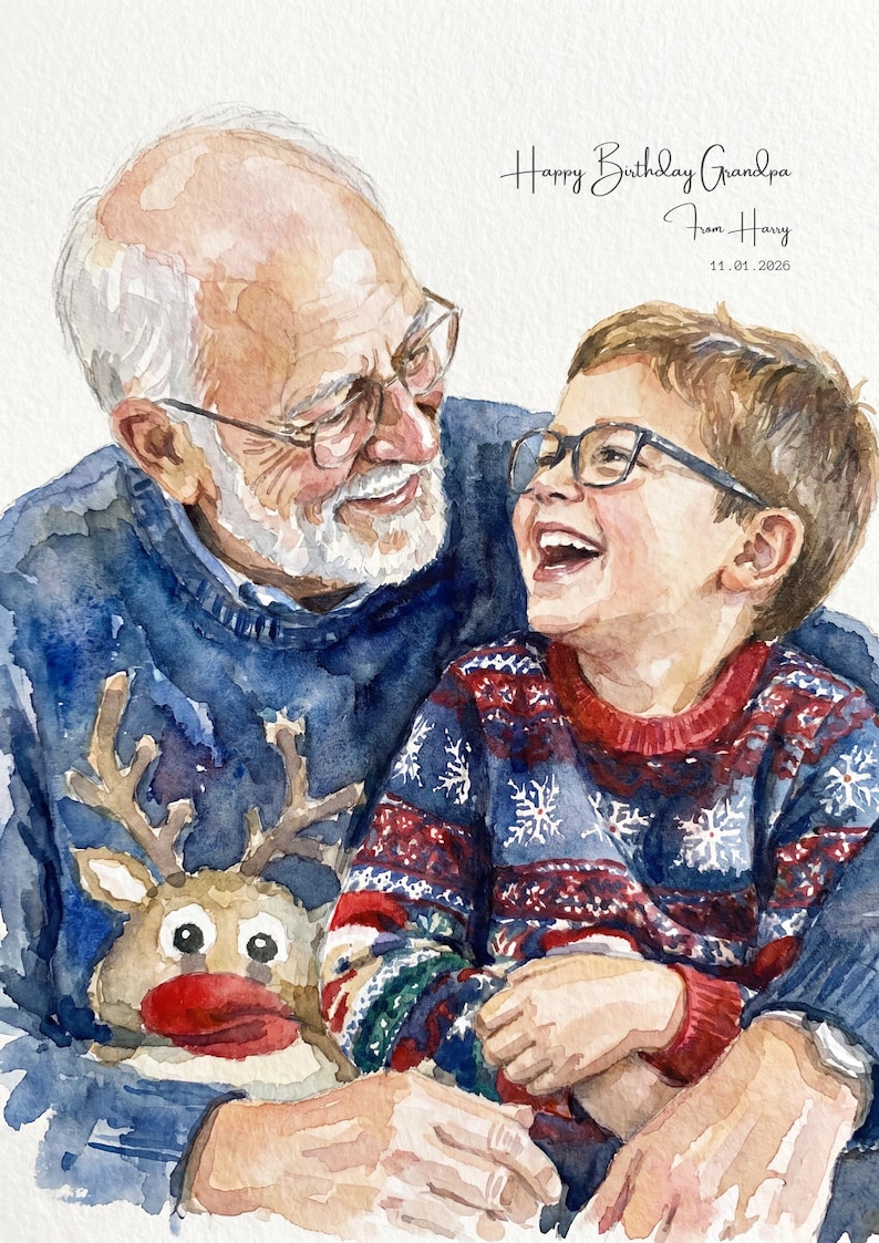 Custom Father Child Watercolour Portrait, Hand Painted Dad Gift, Print ...