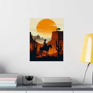 Vintage Cowboy Sunset Matte Vertical Poster, Western Wall Art, Desert ...