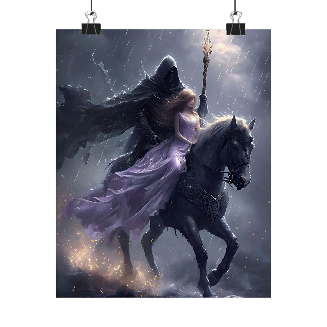 Vertical Poster, Cloaked Rider and Lavender Dress Woman, Dark Rain ...