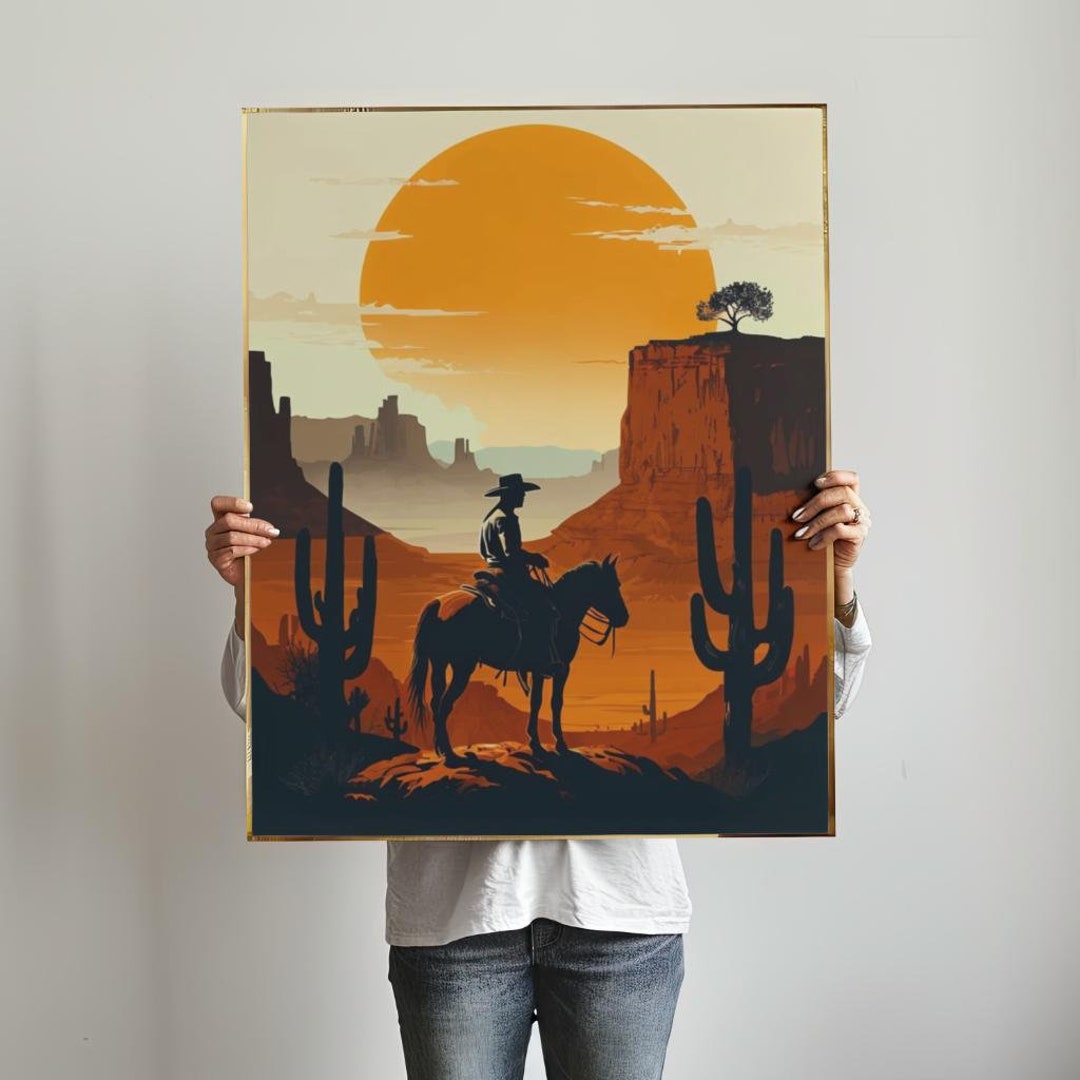Vintage Cowboy Sunset Matte Vertical Poster, Western Wall Art, Desert ...