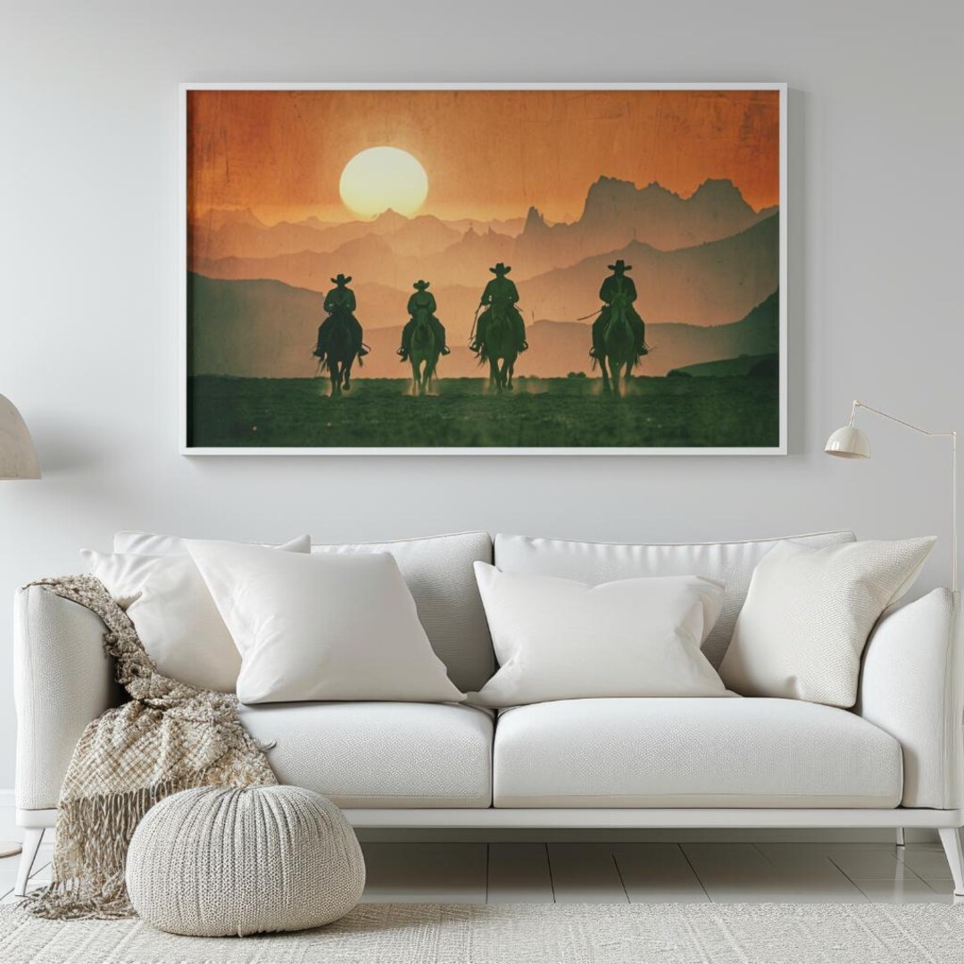 Western Cowboys Sunset Matte Horizontal Poster, Horse Riding Desert Art ...