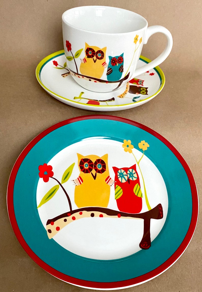 Owl Coffee Cup Set With Saucer and Dessert Plate by Create by Just Mugs ...