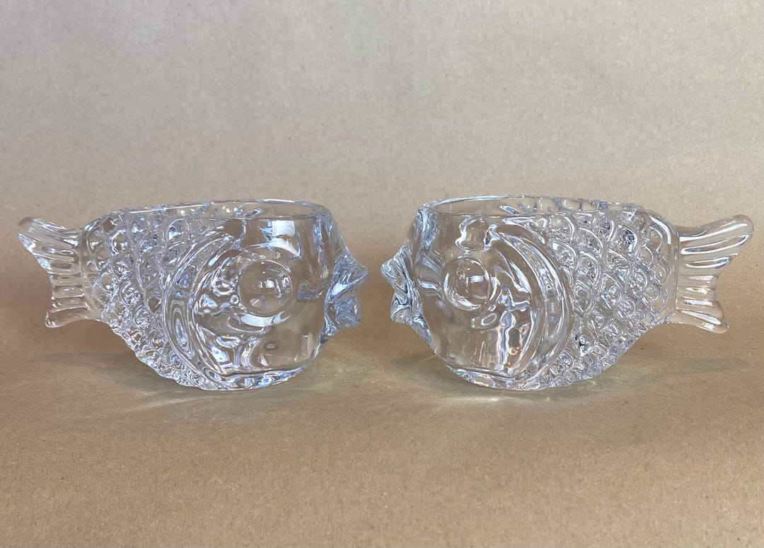 Set of Two Heavy Glass Fish Tiki Mugs or Candy Dish or Small Vase 3 1/4 ...