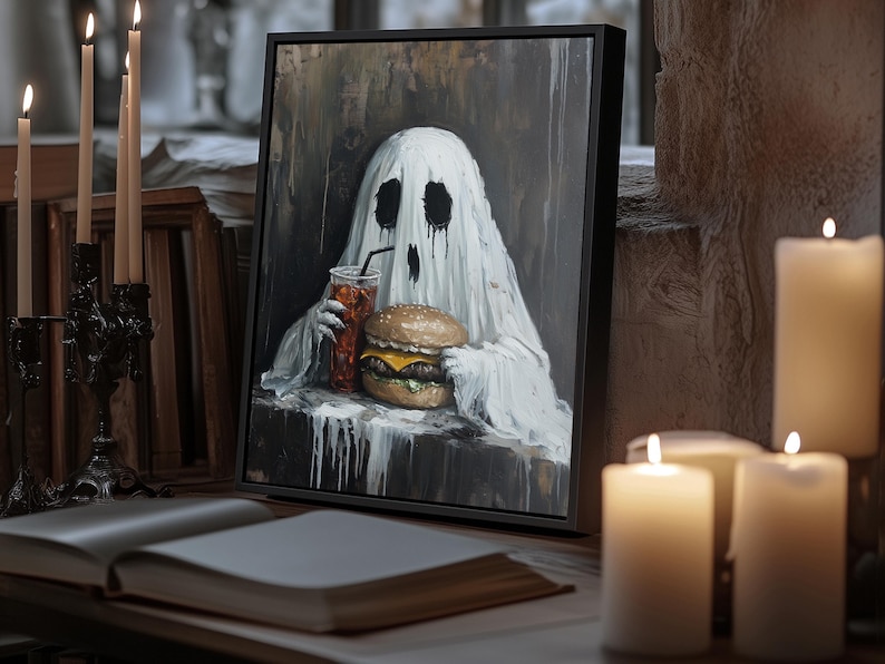 Ghost Eating Burger, Funny Halloween Art, Dark Academia, Halloween ...