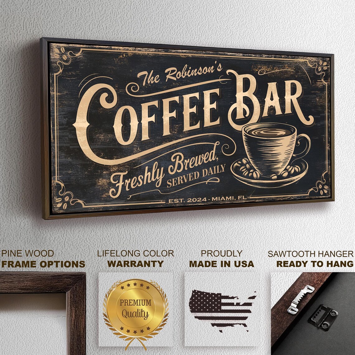 Vintage Coffee Bar Sign, Personalized Retro Cafe Decor, Kitchen Wall ...
