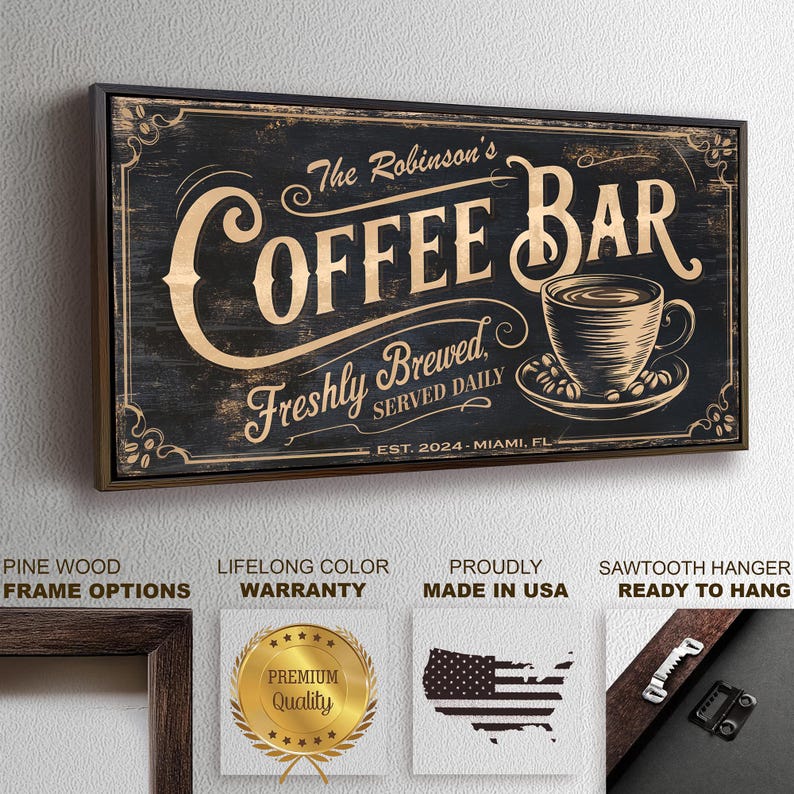 Vintage Coffee Bar Sign, Personalized Retro Cafe Decor, Kitchen Wall ...