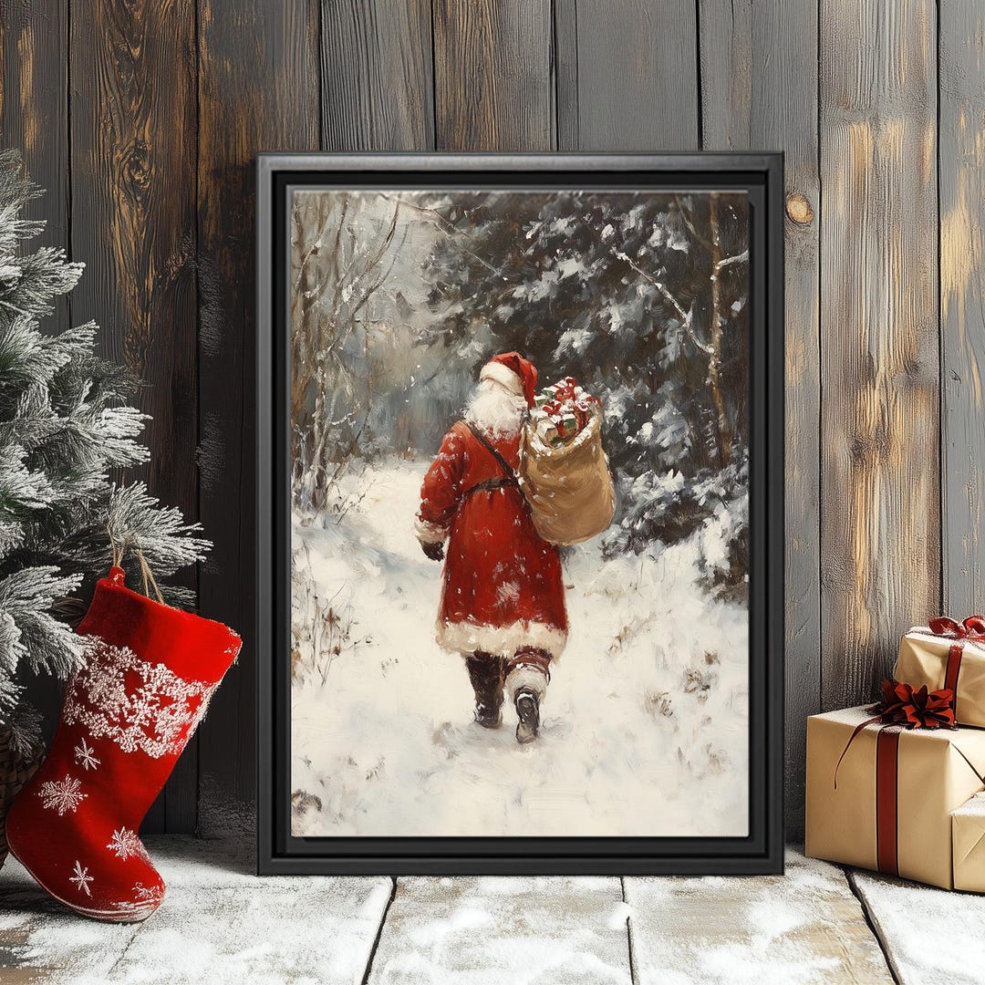 Santa Walking Art, Christmas Wall Decor, Santa in Snow Print, Winter Wonderland Art, Holiday ...