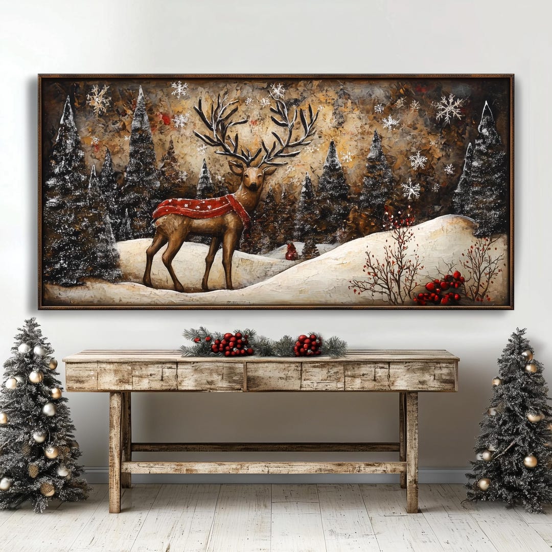 Reindeer at Forest Wall Art, Winter Wonderland Christmas Landscape Art ...