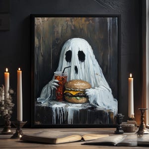 Ghost Eating Burger, Funny Halloween Art, Dark Academia, Halloween ...
