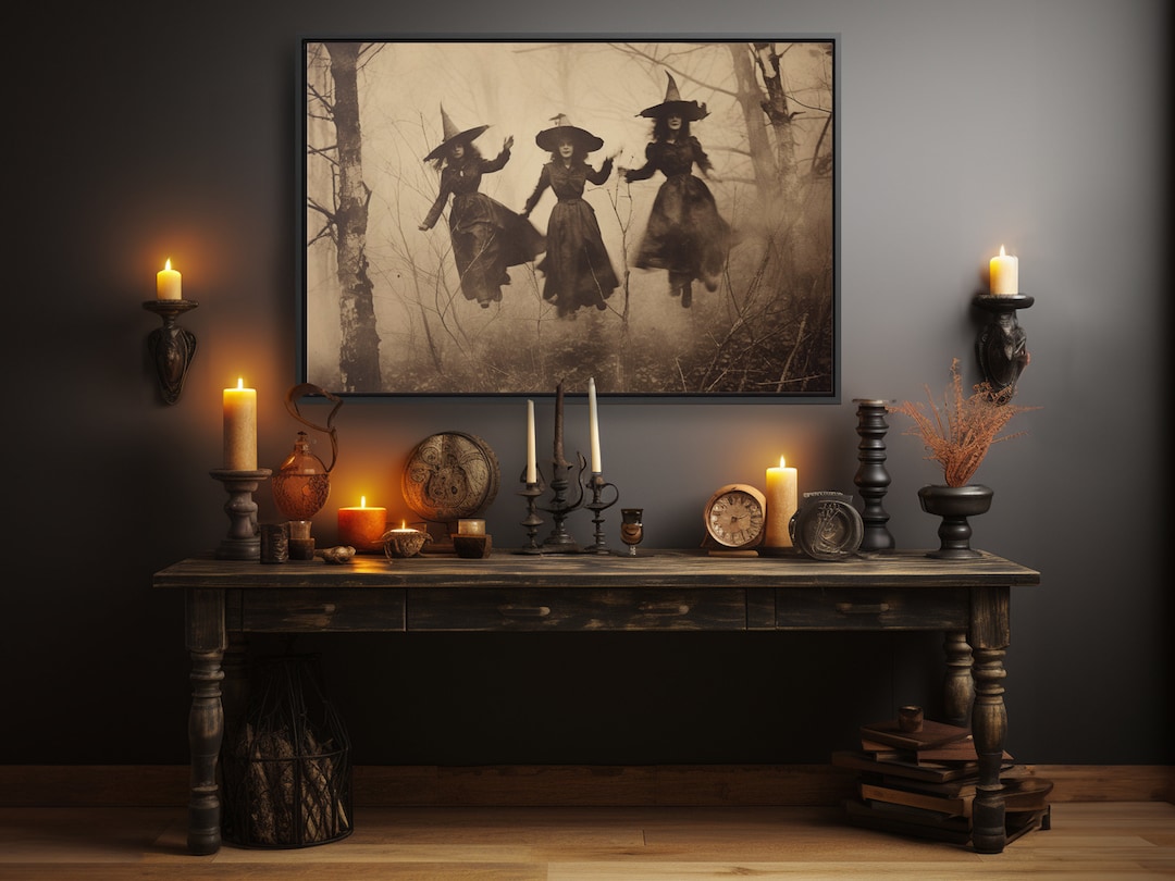Flying Spooky Witches in Forest, Framed Gothic Wall Art, Witchy Decor ...