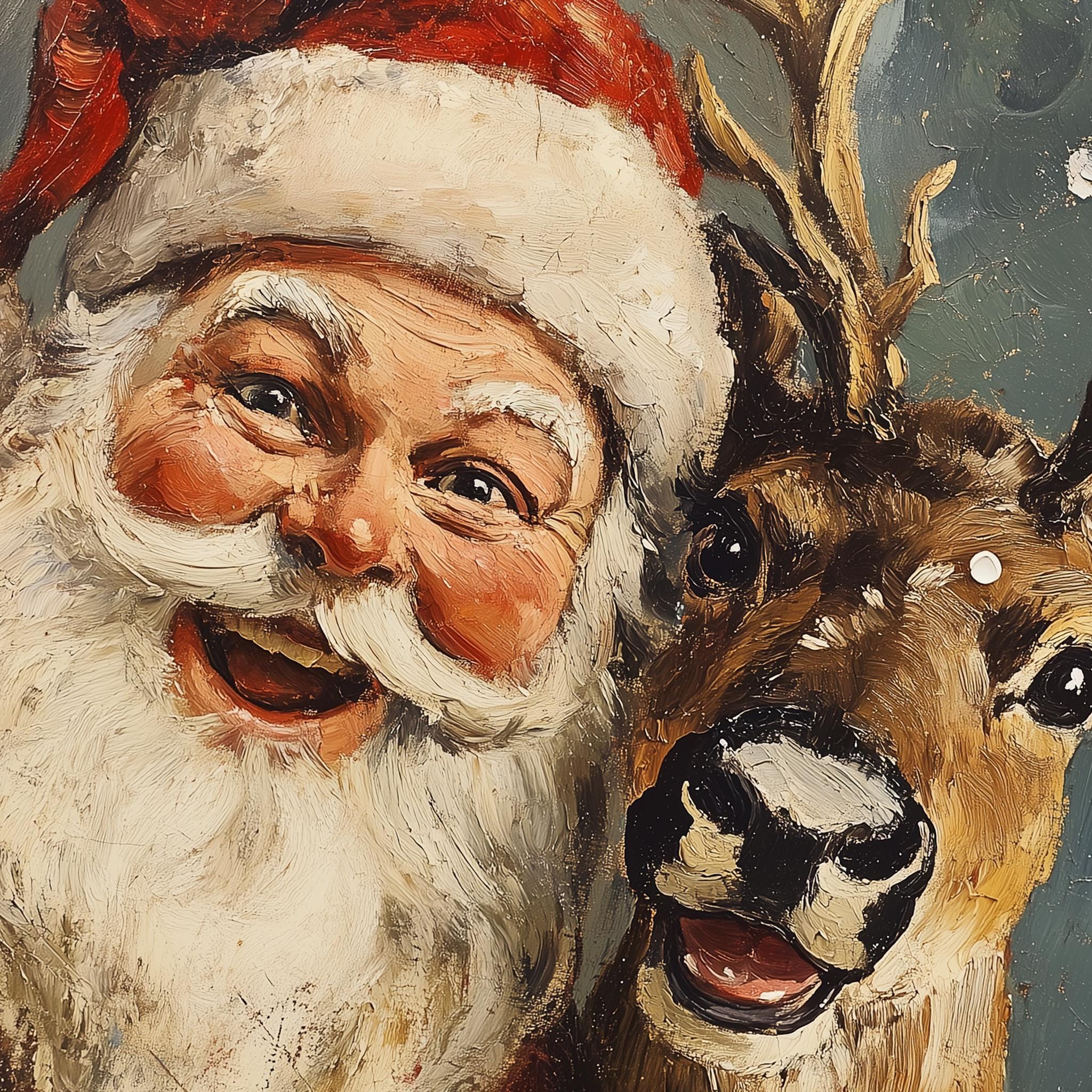 Santa and Reindeer Wall Art, Vintage Christmas Oil Painting, Santa ...