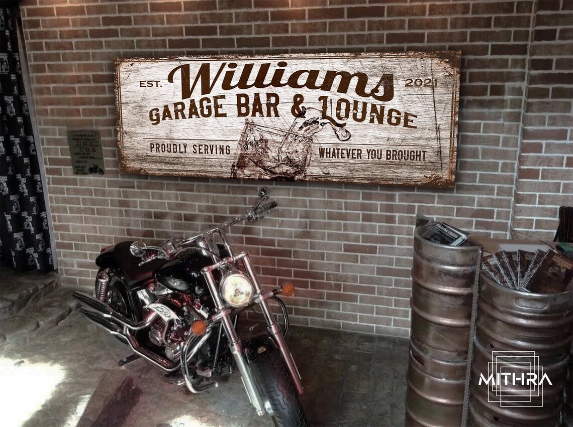 Garage Bar Sign Personalized, Custom Garage Bar & Lounge Sign, Basement ...