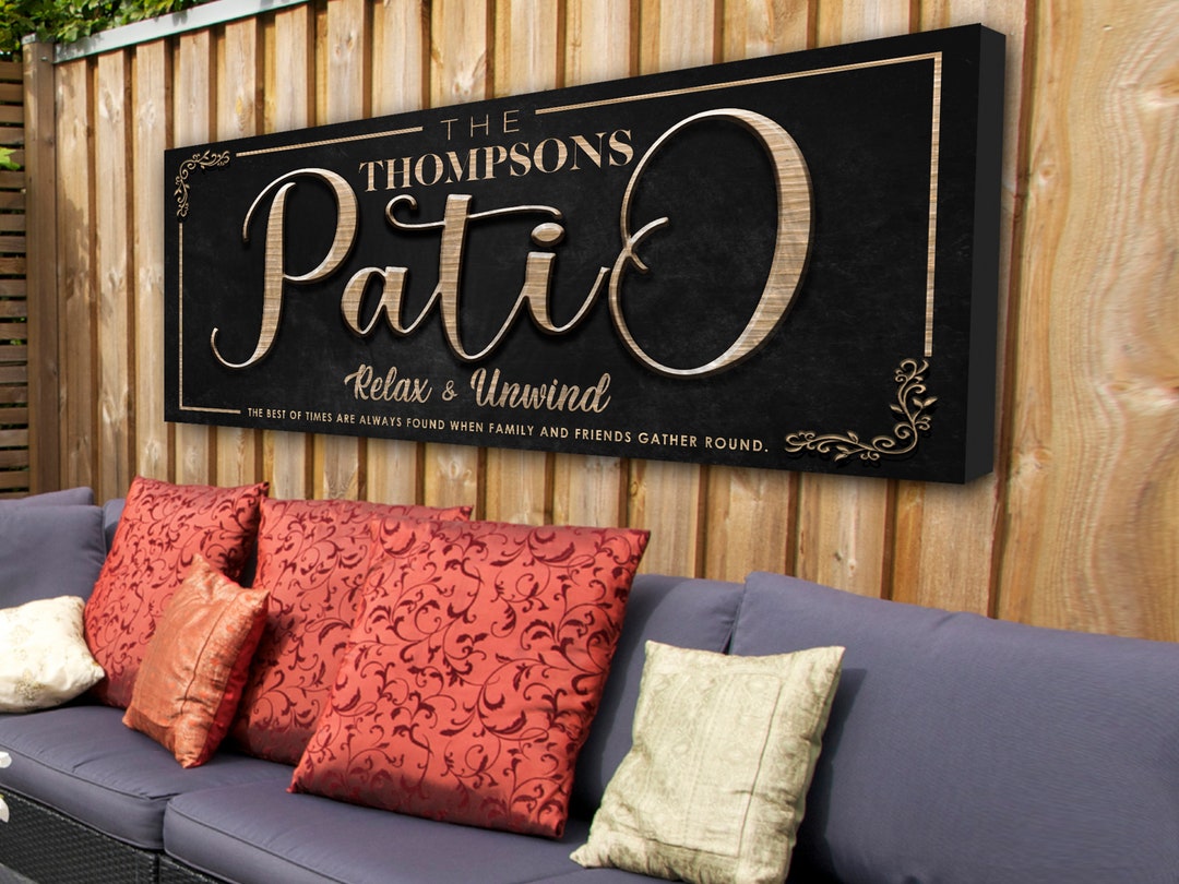 Patio Sign Personalized, Backyard Sign Custom, Large Black Canvas Sign ...