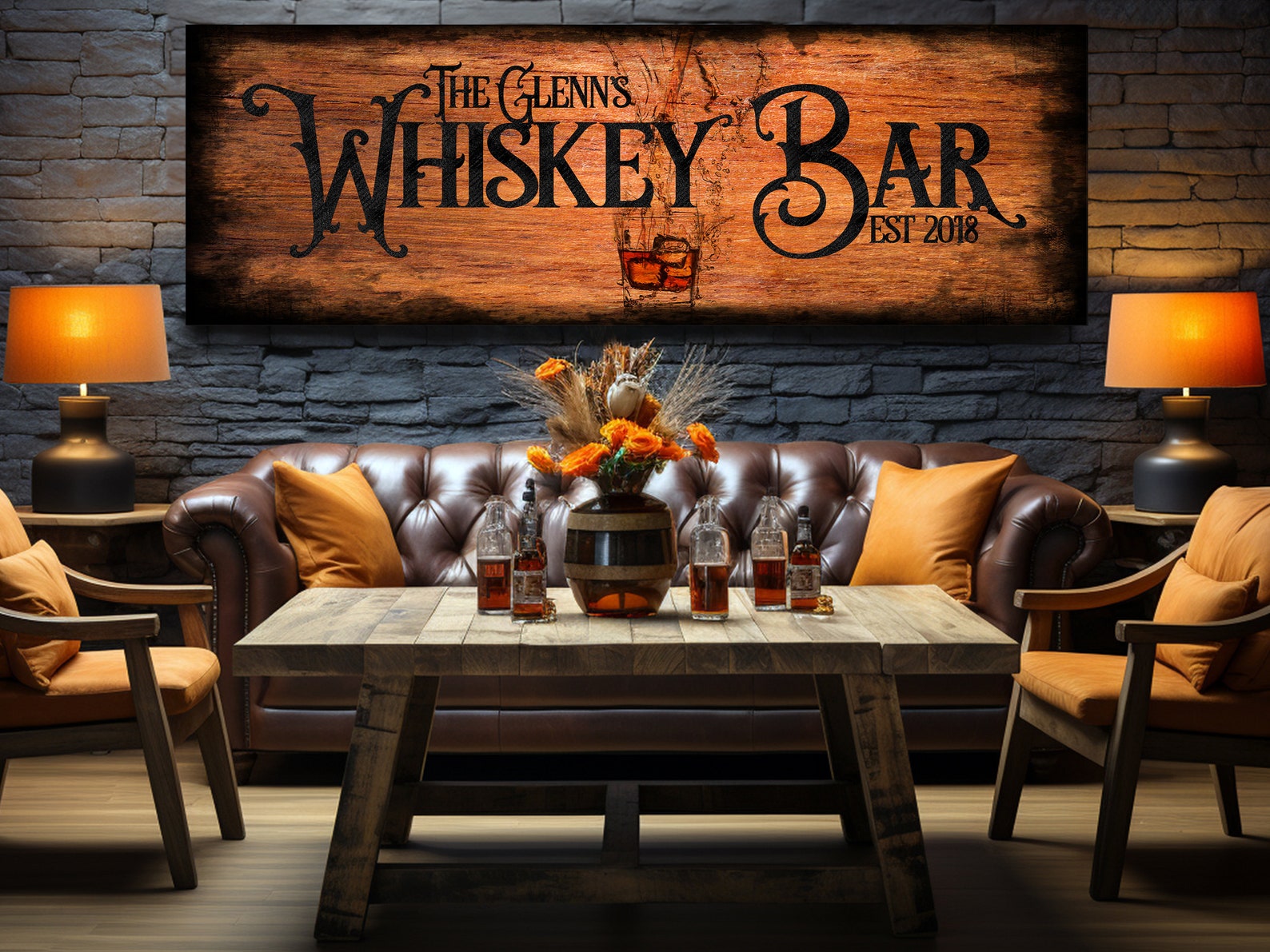 Custom Whiskey Bar Sign, Personalized Bourbon Pub Wall Hanging, Canvas ...