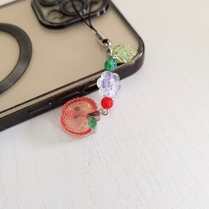 Cute Sparkly Red Apple Fruit Phone Charm, Leafs Flower Beaded Phone ...