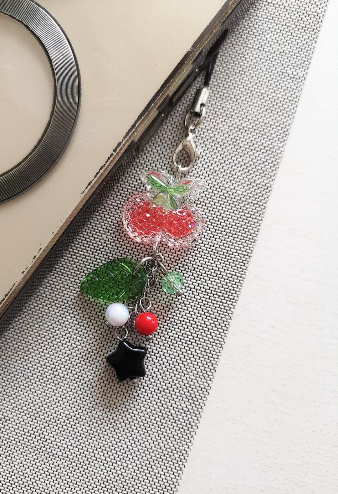 Handmade Red Cherry Phone Charm: Crystal Glass Bead Keychain - Etsy