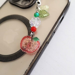 Cute Sparkly Red Apple Fruit Phone Charm, Leafs Flower Beaded Phone ...