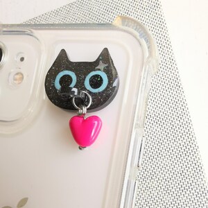 Kawaii Cute Blue Eye Sparkly Black Cat with Dangly Pink Heart Phone ...