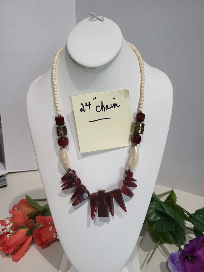 Vintage 24" Carved Bone and Garnet Red Aztec Style Necklace With Brass ...
