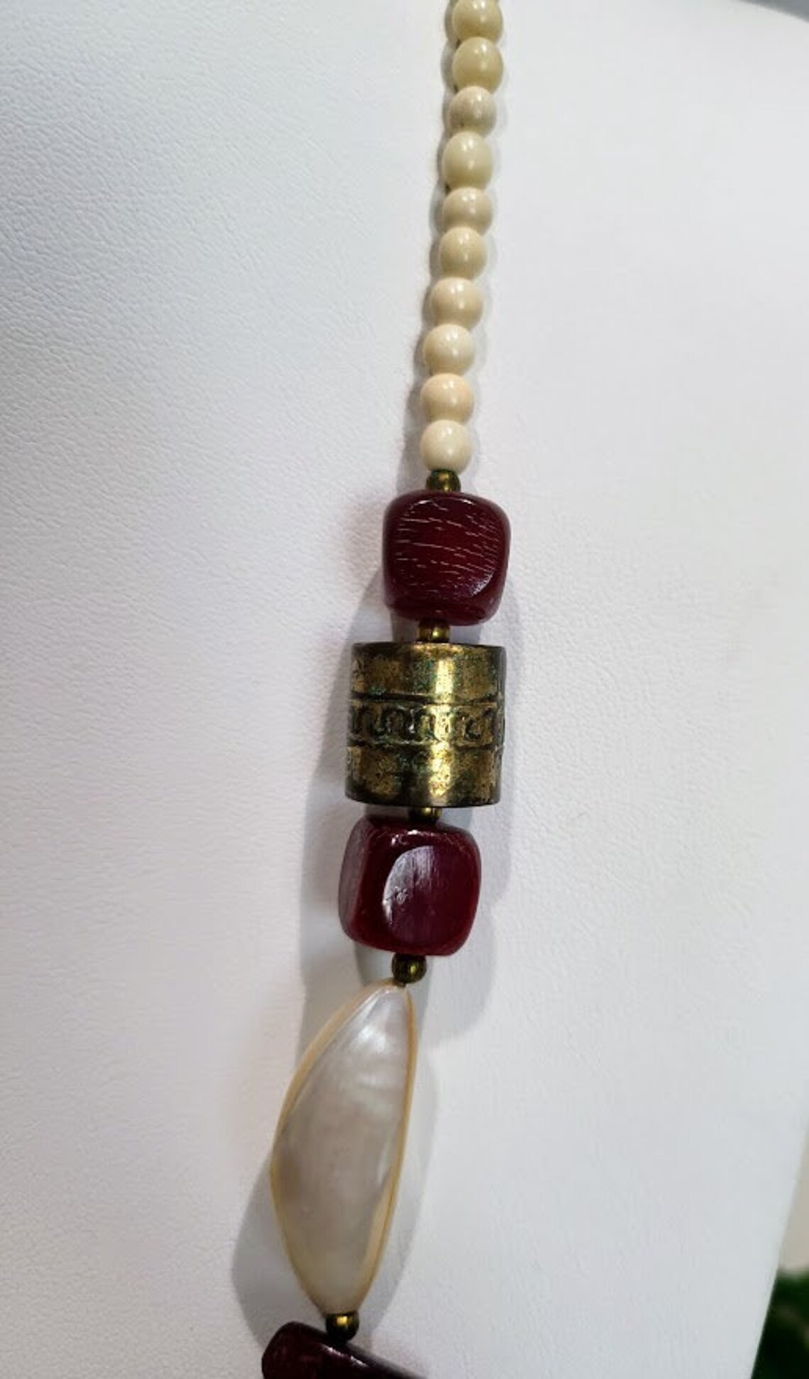 Vintage 24" Carved Bone and Garnet Red Aztec Style Necklace With Brass ...