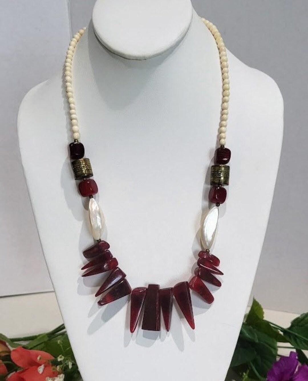 Vintage 24 Carved Bone and Garnet Red Aztec Style Necklace With Brass ...