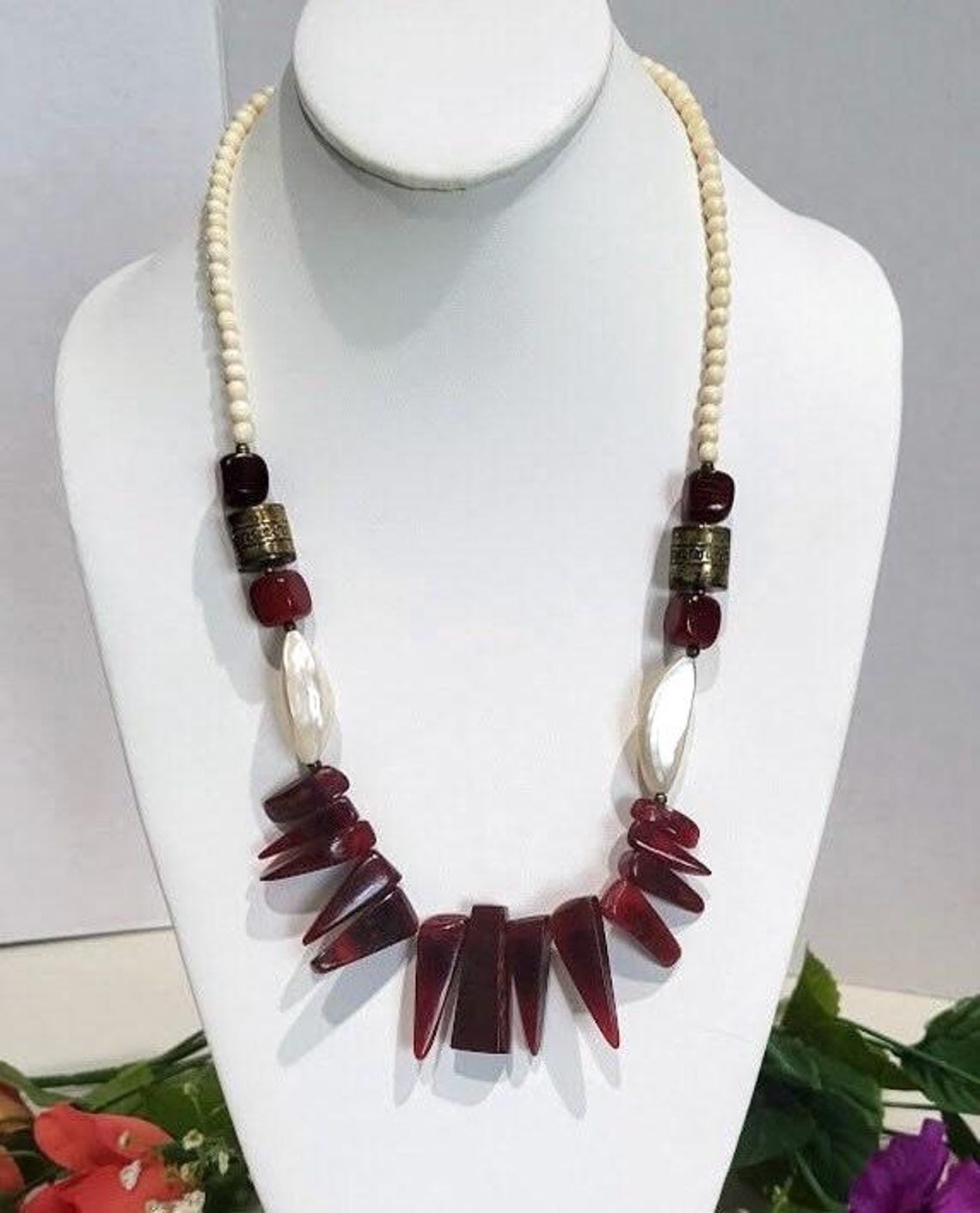 Vintage 24" Carved Bone and Garnet Red Aztec Style Necklace With Brass ...
