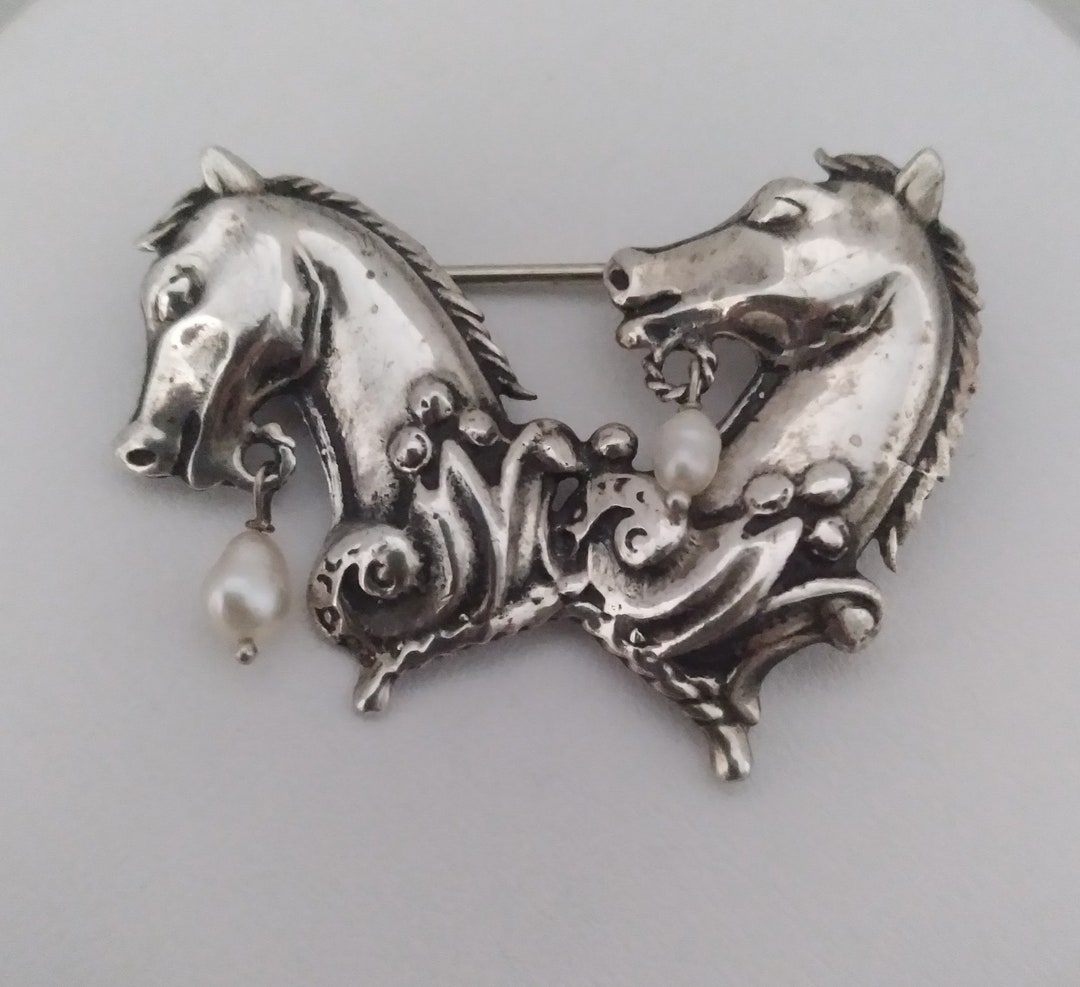 Vintage Sterling Silver Brooch Pin With Horse Heads and Genuine Pearls ...
