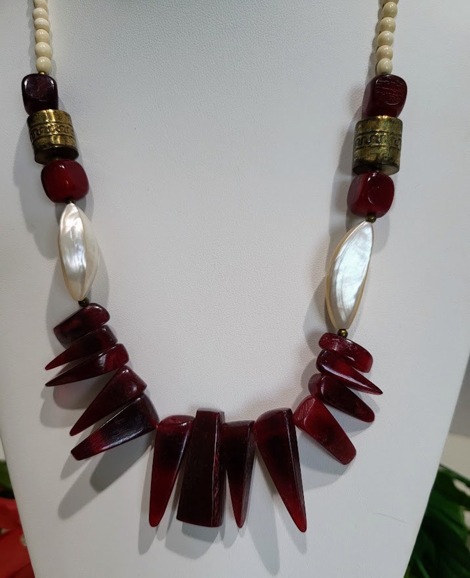 Vintage 24 Carved Bone and Garnet Red Aztec Style Necklace With Brass ...