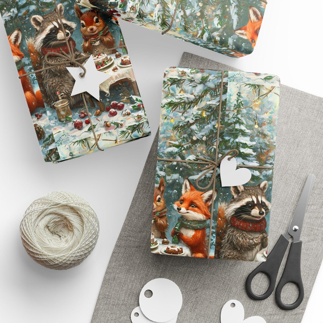 Woodland Creatures Cozy Wrapping Paper Christmas Holiday Raccoon ...