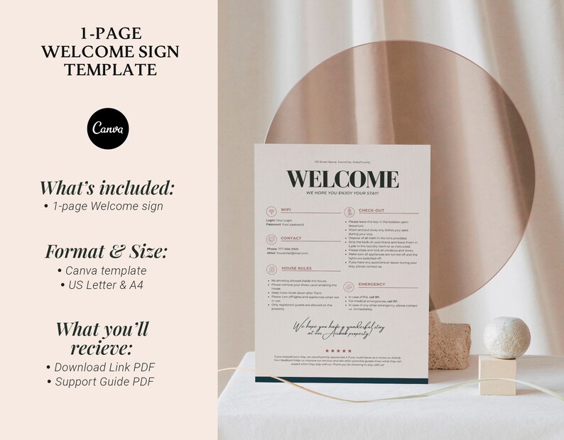 1 Page Welcome Sign Template for Hosts, Guest Arrival Poster, Vacation ...