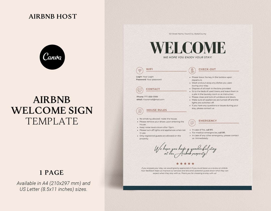 1 Page Welcome Sign Template for Hosts, Guest Arrival Poster, Vacation ...