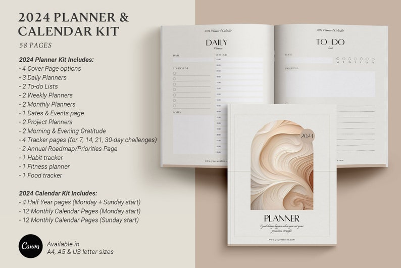 2024 Canva Planner Template, Editable Monthly Calendar Template ...