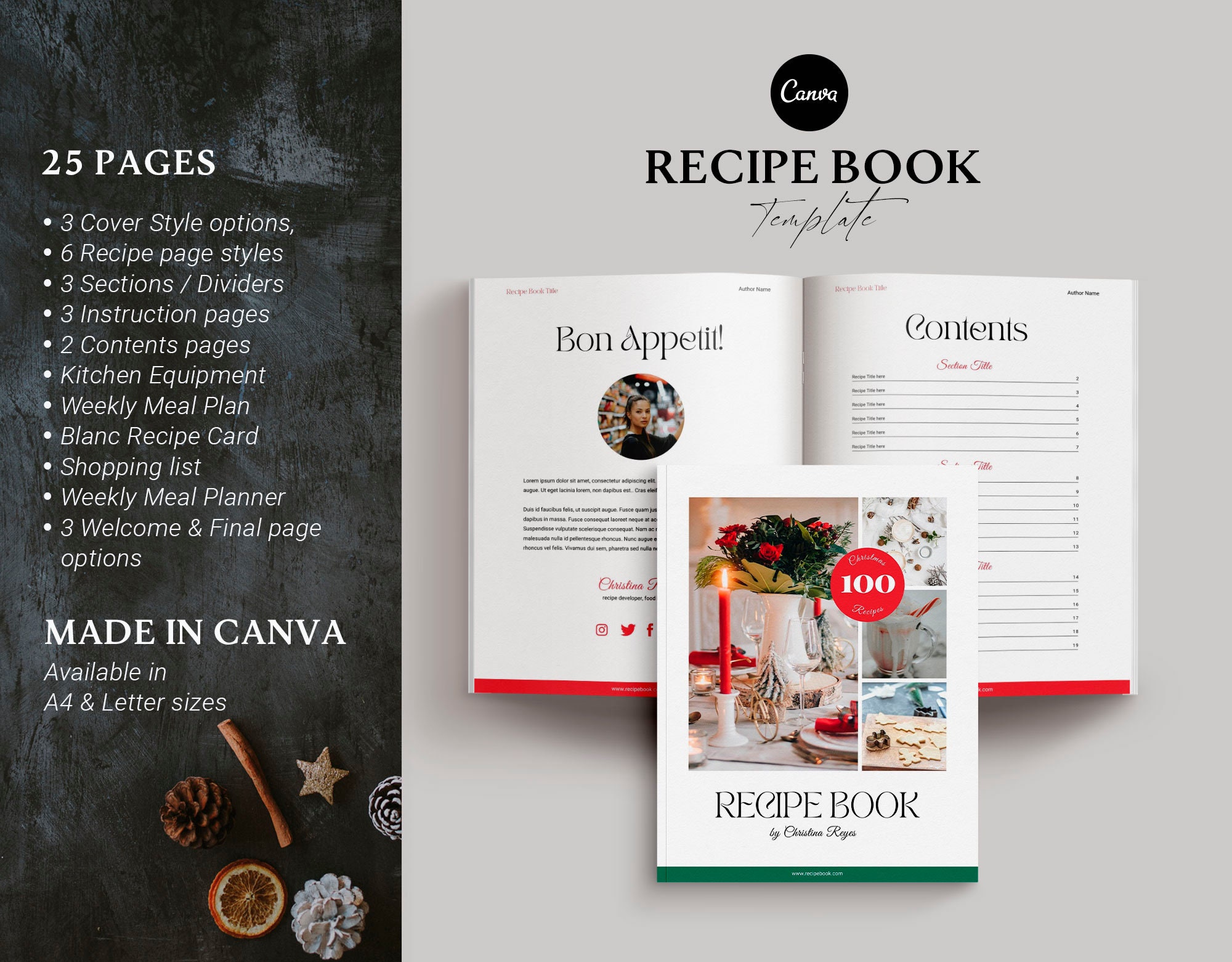 Christmas Recipe Book Template, Canva Cookbook Template, Printable ...