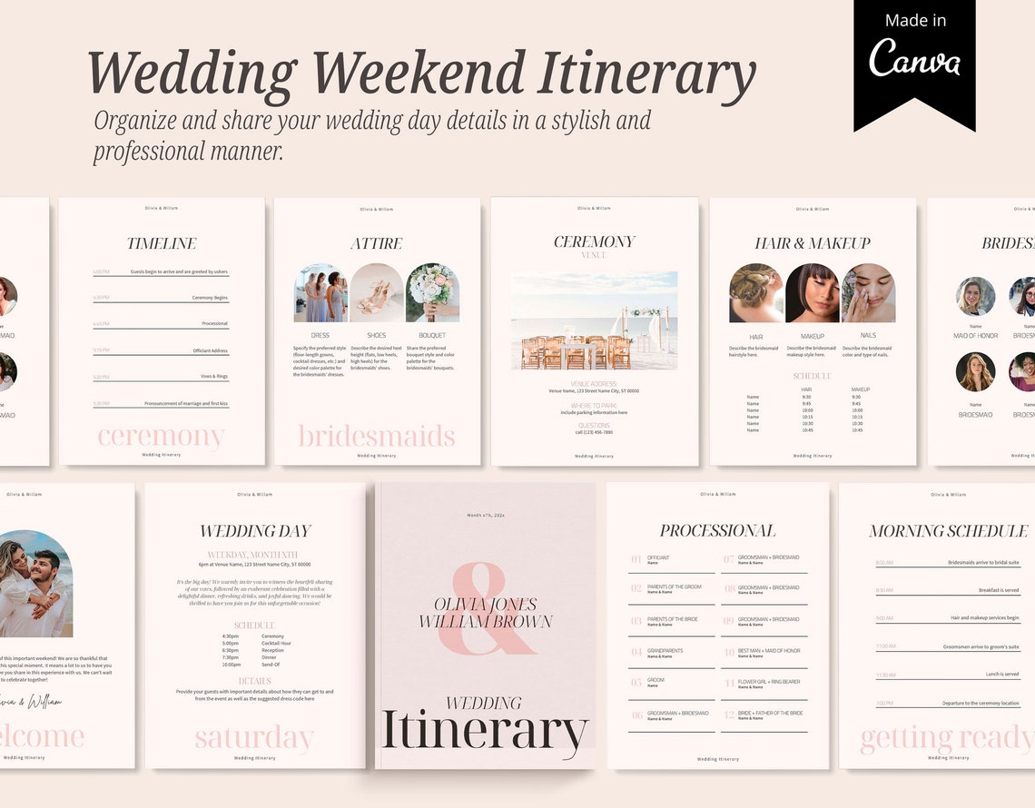 Editable Wedding Itinerary Template, 45 Pages, Wedding Weekend Planner ...
