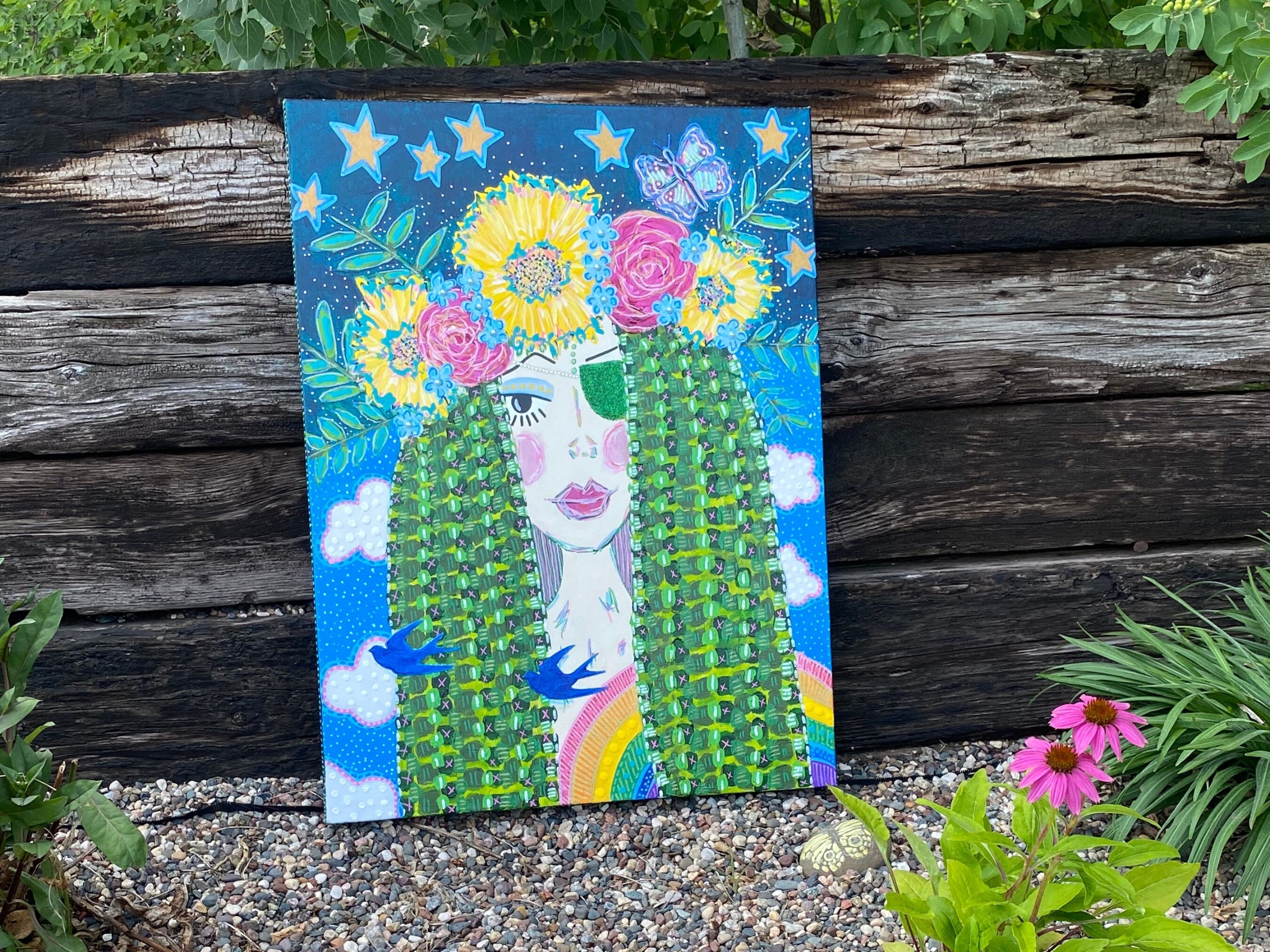 Colorful Garden Girl Painting 18x24 Acrylic Mixed Media Painting Abstract Female Face Art Mother ...