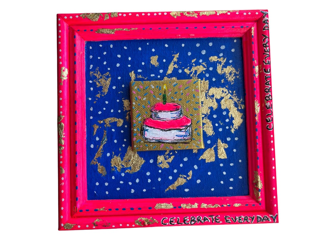 Celebrate Every Day Cake Art, Hand-painted 2x2 Mini Canvas, Whimsical ...