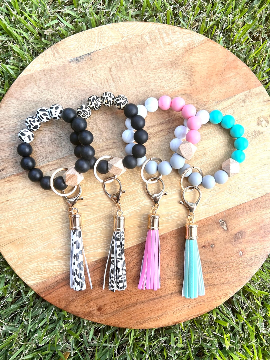 Wristlet Keychain, Keychain Bracelet, Silicone Beads, Leopard, Cow ...