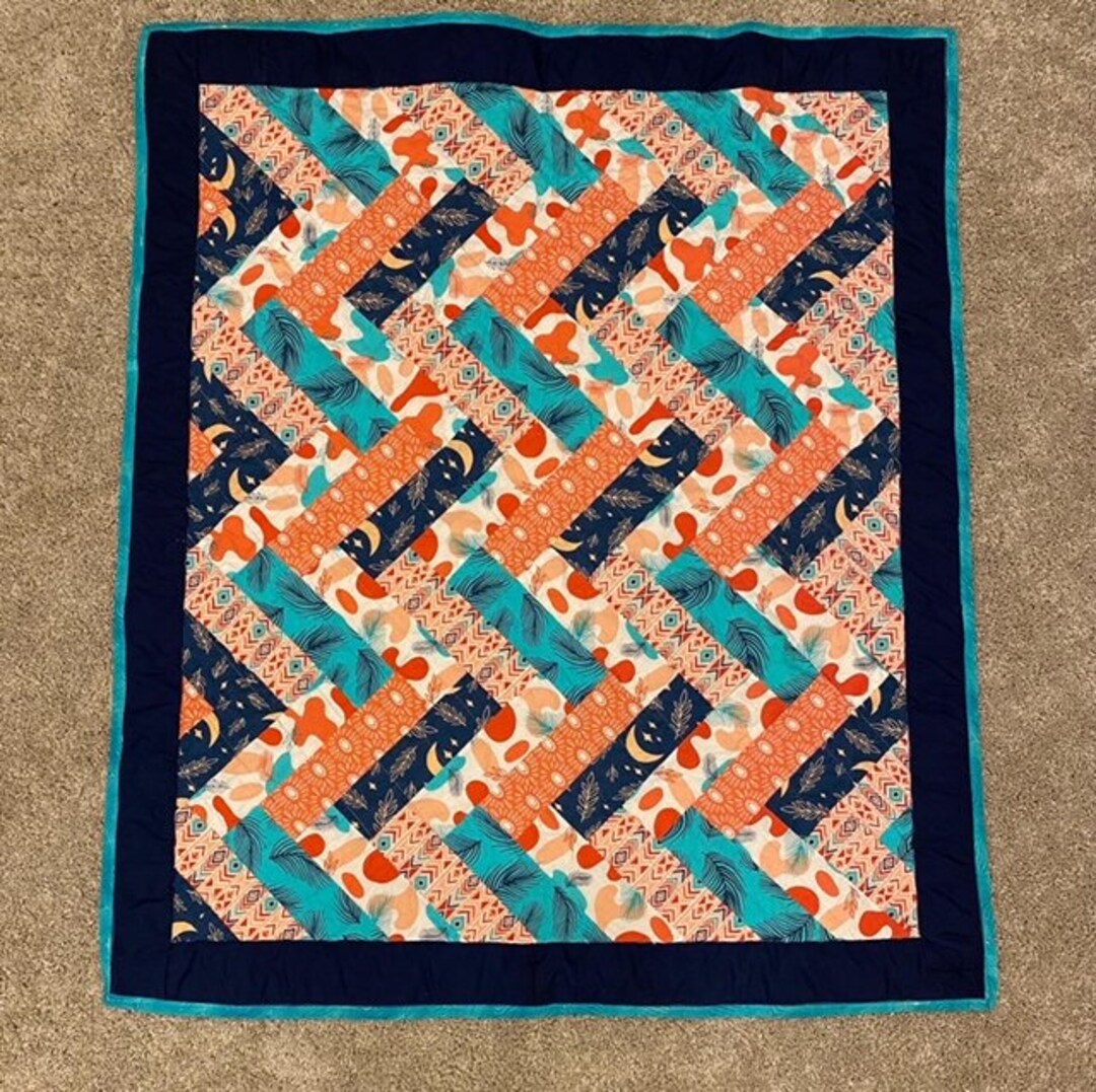 Crib Size Blue Orange Quilt Herring Bone Pattern - Etsy
