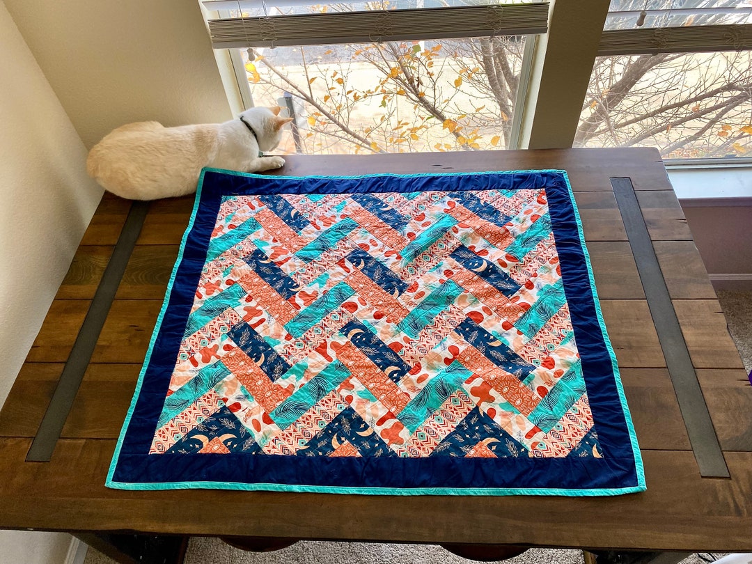 Crib Size Blue Orange Quilt Herring Bone Pattern Baby Shower Gift ...