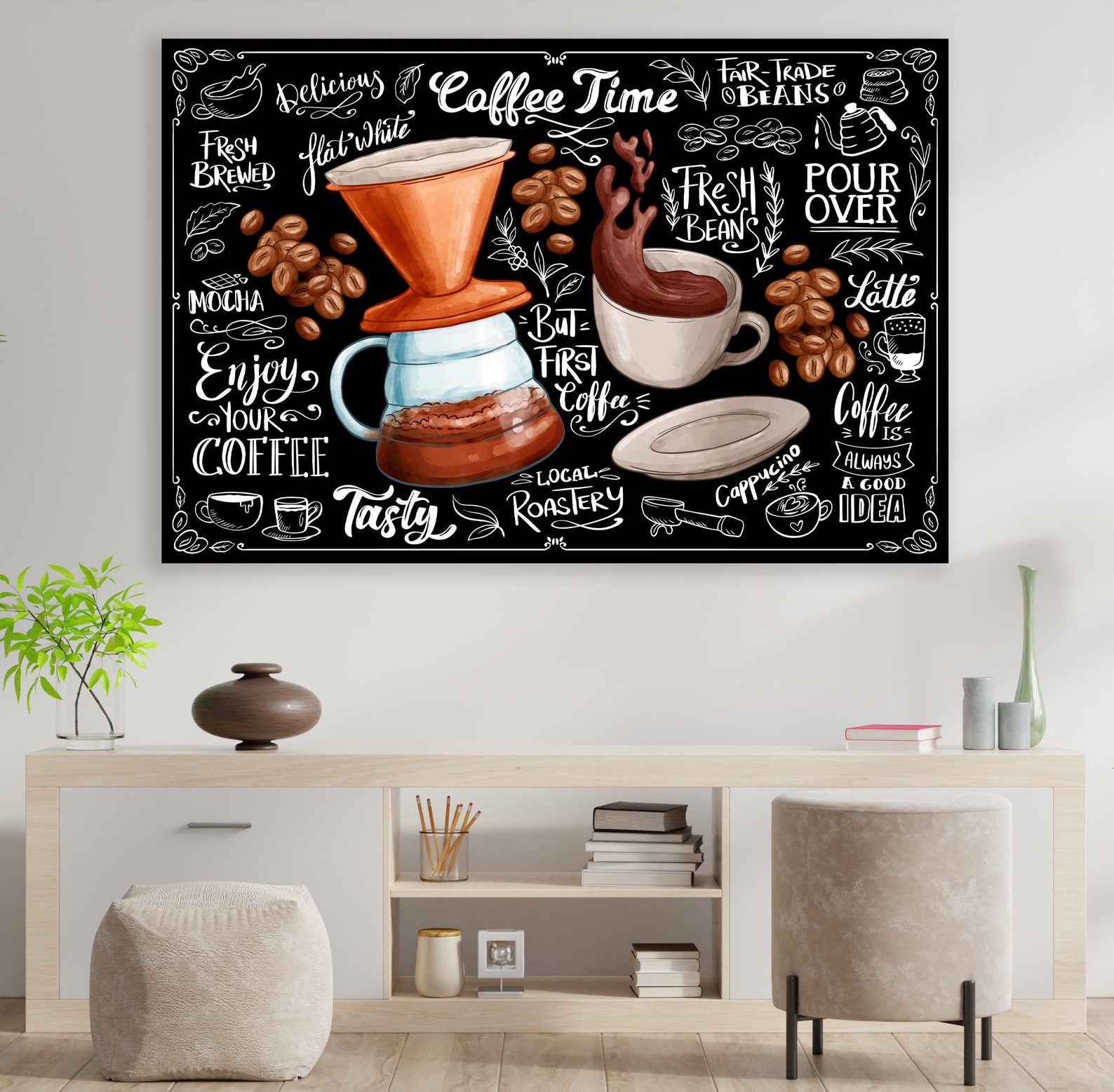 Coffee Menu Wall Sign, Huge Canvas Wall Decor, Coffee Shop, Coffee Time ...