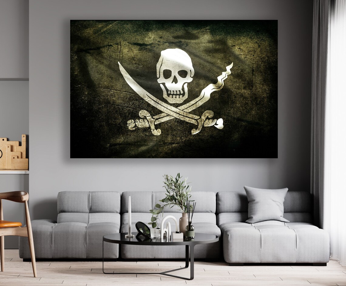 Jolly Rogger Wall Art, Pirates Flag Art, Huge Canvas Home Decor, Rustic ...