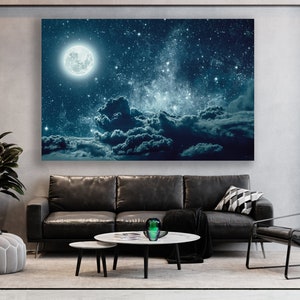 Moon Art Print, Sky Canvas, Stars Wall Art, Huge Canvas Wall Decor ...