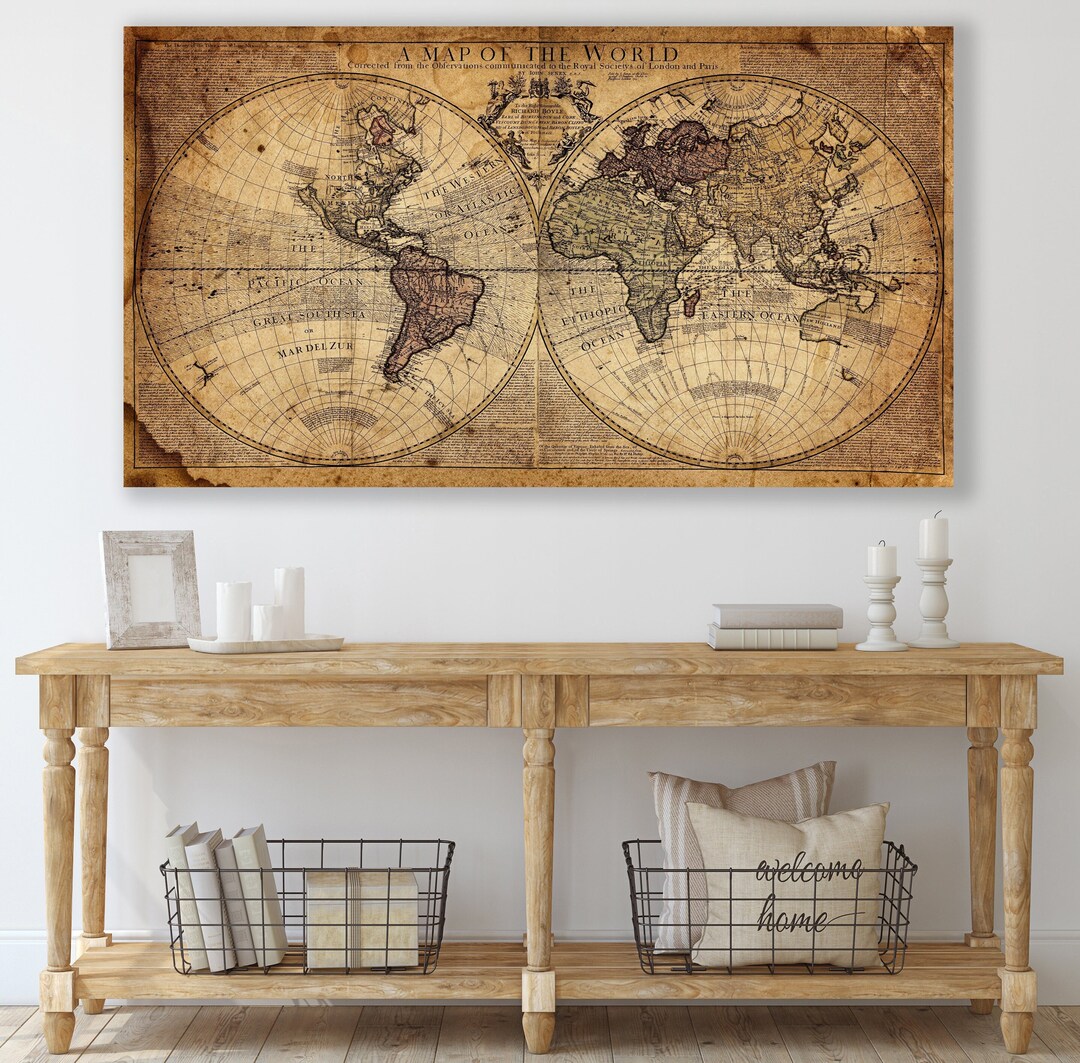 Rustic World Map Art Print Vintage World Map Art Huge Canvas - Etsy