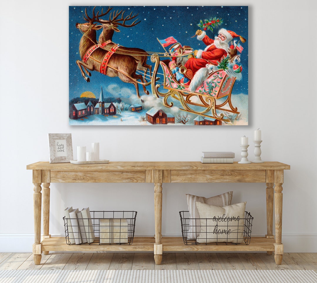 Santa Claus Wall Art, Vintage Christmas Art, Huge Canvas Home Decor, Santa Claus Art, Christmas ...