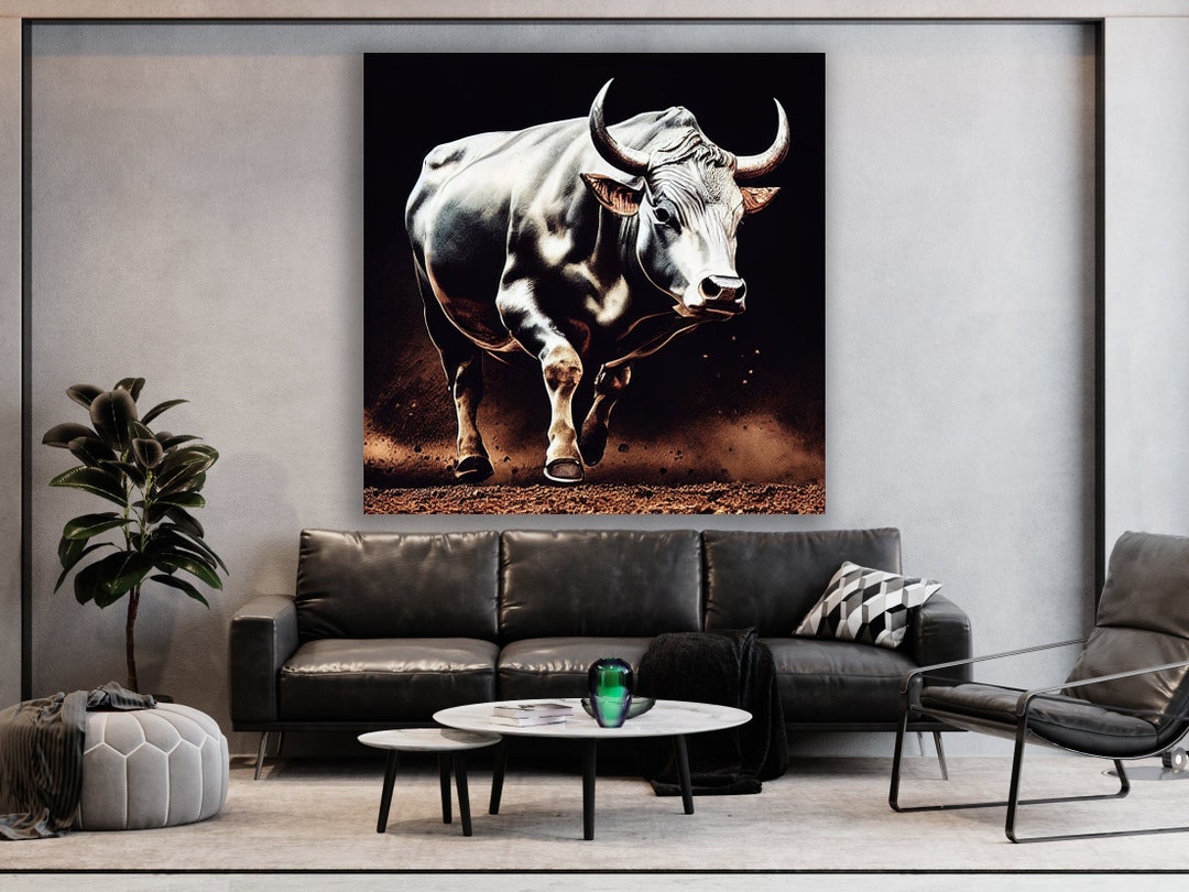 White Bull Wall Art, Majestic Bull Art, Huge Canvas Wall Decor, White ...