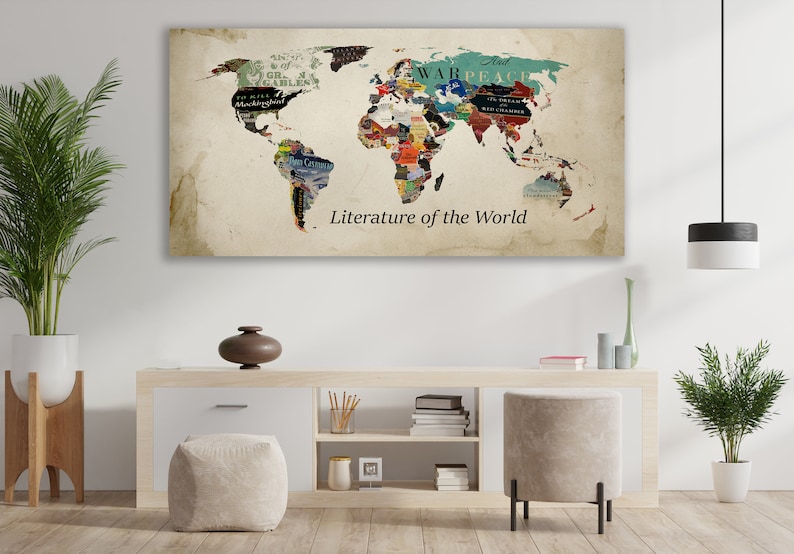 World Literature Map Wall Art, Vintage World Map Art, Huge Canvas Wall ...