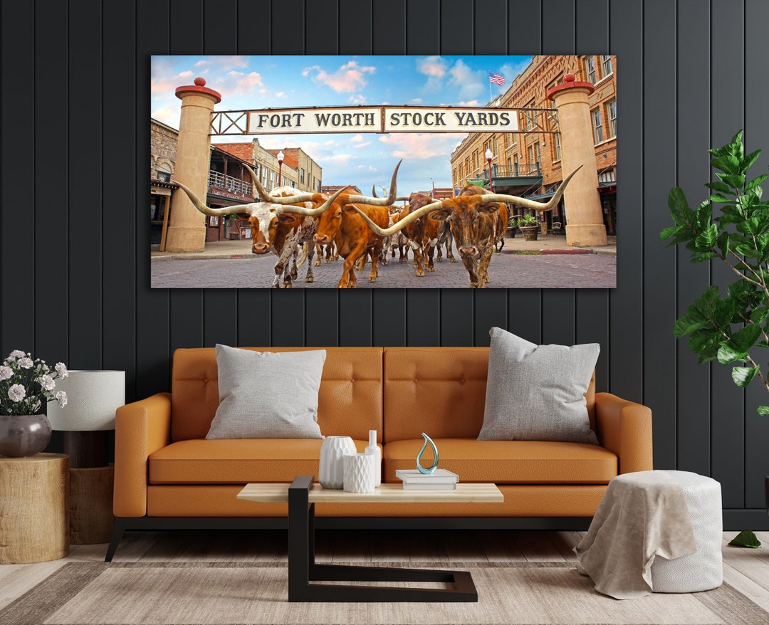 Fort Worth Stock Yards Art, Texas Bulls Longhorn, Huge Canvas Wall Art ...