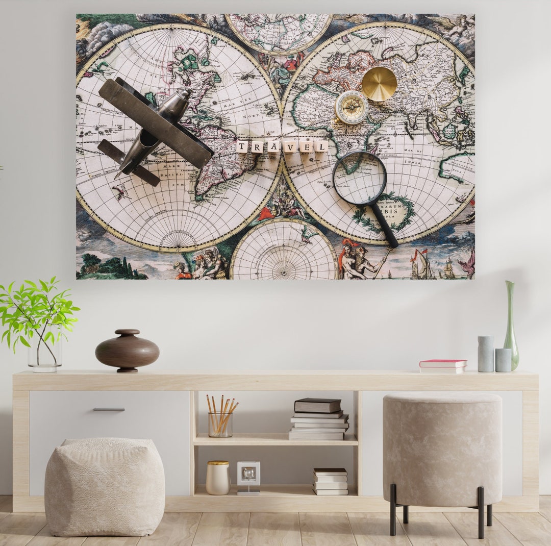 World Map Wall Art, Travel Sign, Huge Canvas Wall Decor, Atlas Wall Art ...